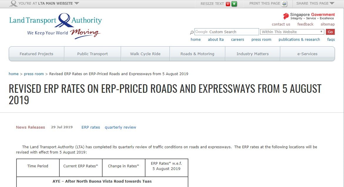 Revised ERP Rates On ERP-Priced Roads And Expressways From 05 August ...